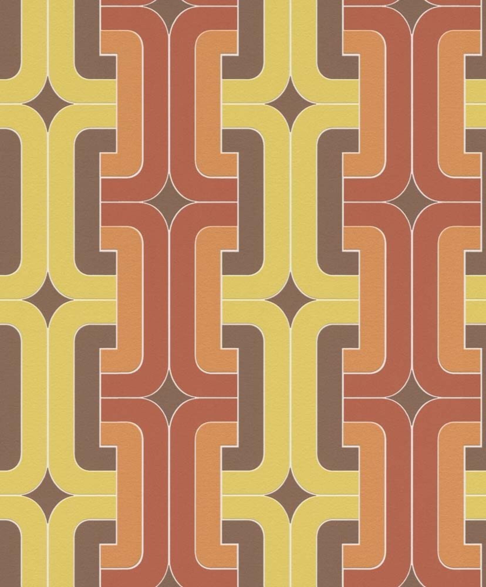 Retro tapet med mønstre i gul, orange og brun - Køb retrotapet her