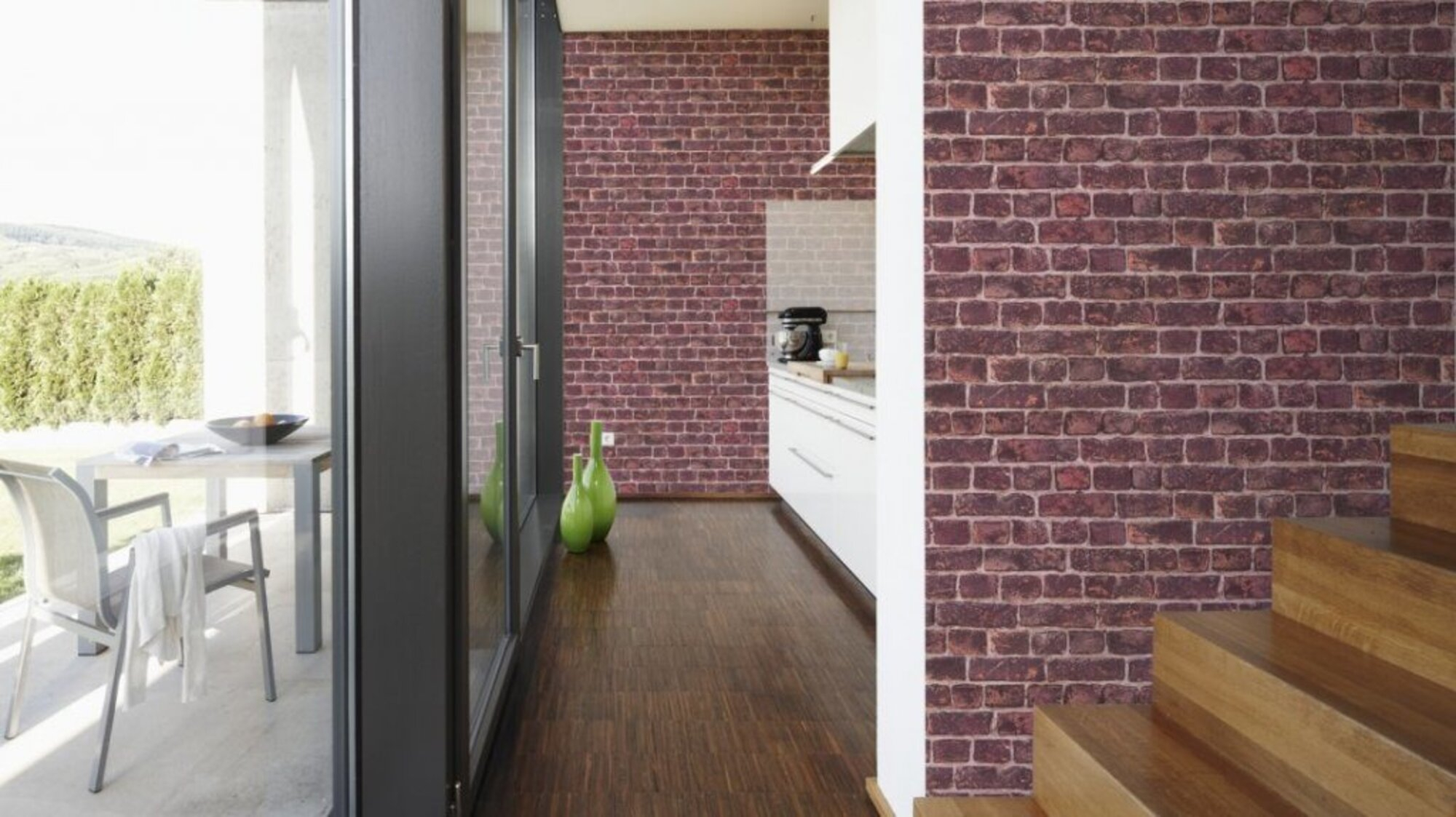 Mørk rød murstenstapet - Køb billig tapet med røde mursten online