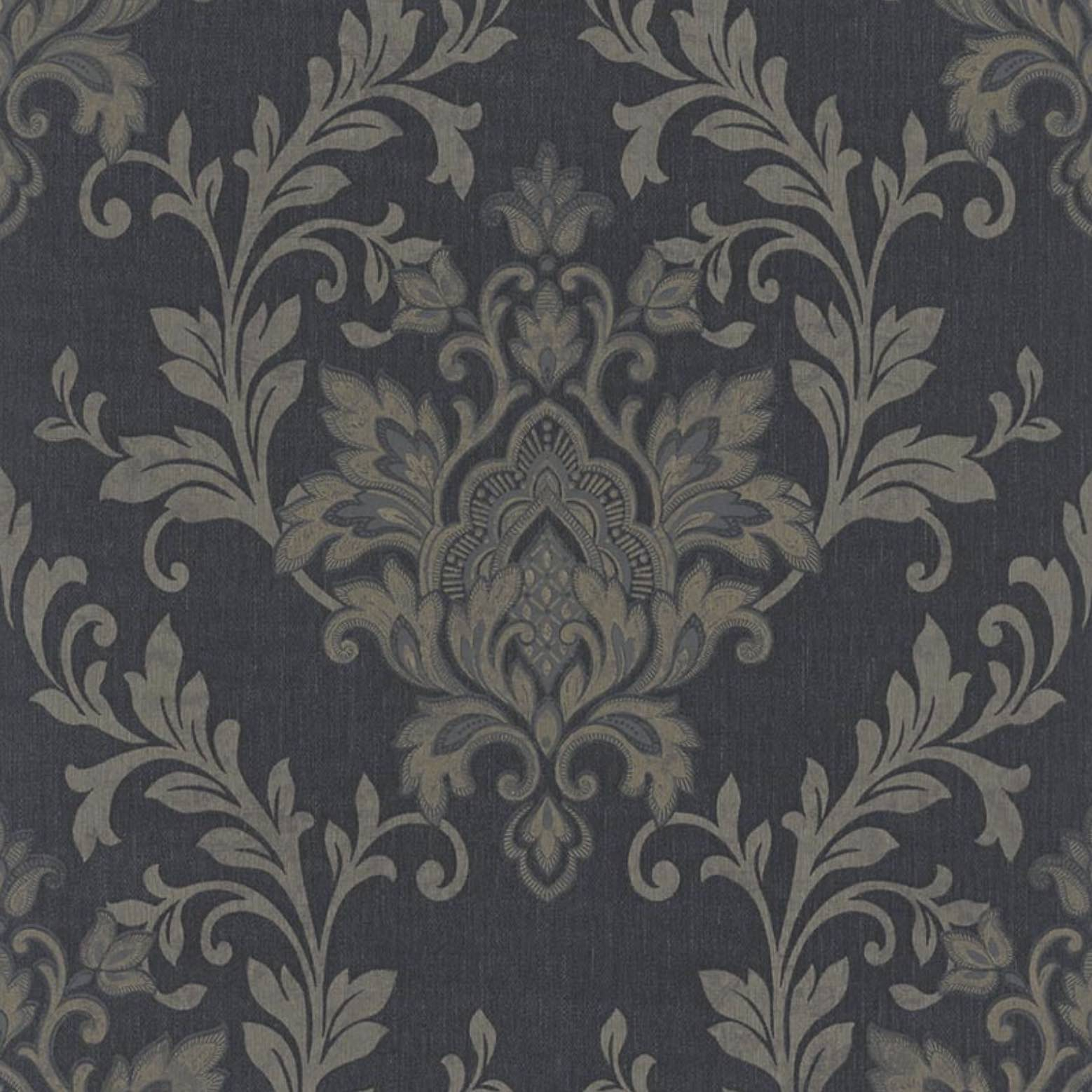Sort tapet med guld damask mønster | Køb Stoflignende tapet